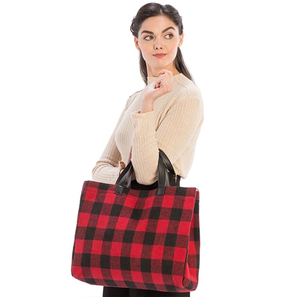 Bags | Flannel Handbag Tote Plaid Shoulder Bag Red | Poshmark